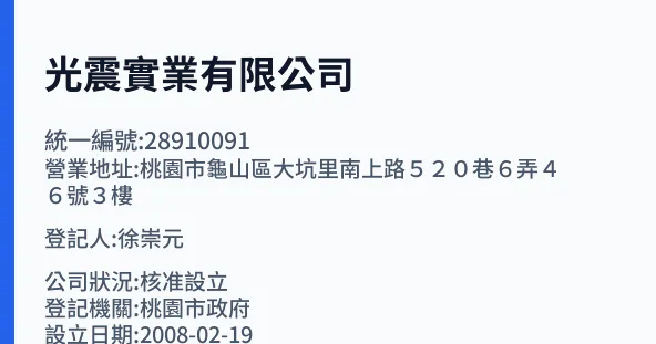 光震實業有限公司的照片-統編 28910091(桃園市) 公司登記資料與營業項目詳細圖表