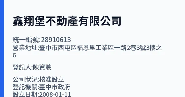 鑫翔堡不動產有限公司的照片-統編 28910613(臺中市) 公司登記資料與營業項目詳細圖表