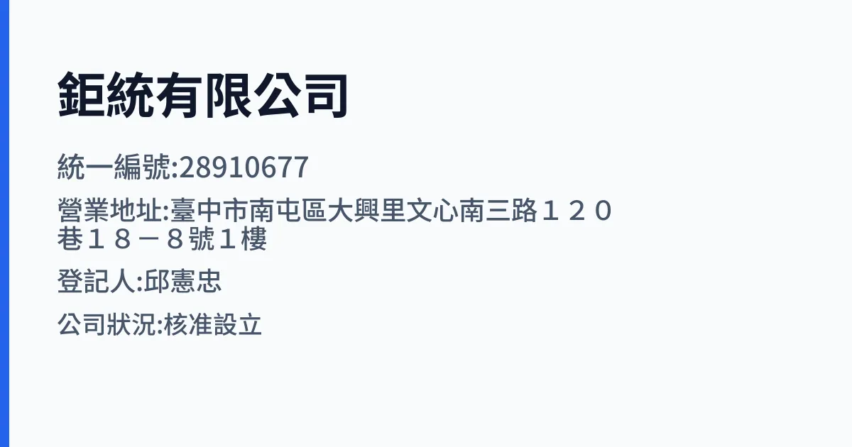 鉅統有限公司 - 統編 28910677(臺中市) 公司登記資料與營業項目詳細圖表