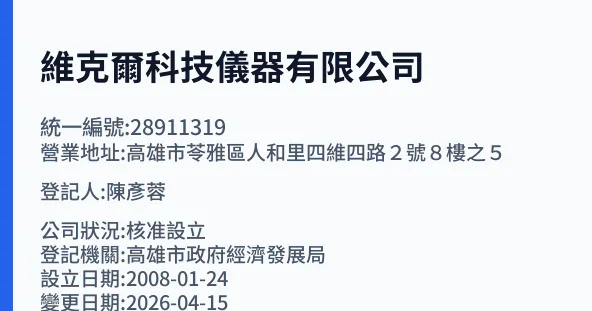 維克爾科技儀器有限公司的照片-統編 28911319(高雄市) 公司登記資料與營業項目詳細圖表
