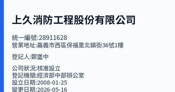 上久消防工程股份有限公司的照片-統編 28911628(嘉義市) 公司登記資料與營業項目詳細圖表