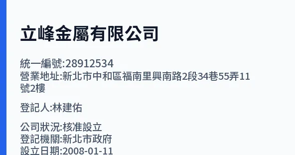 立峰金屬有限公司的照片-統編 28912534(新北市) 公司登記資料與營業項目詳細圖表