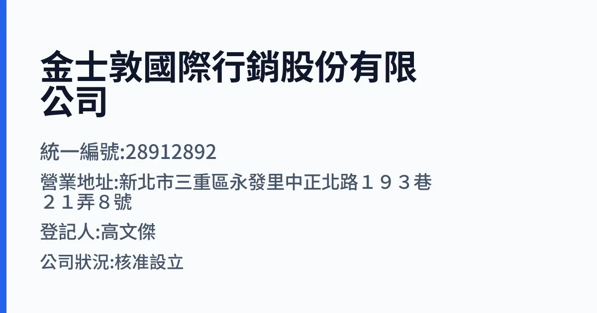 金士敦國際行銷股份有限公司 - 統編 28912892(新北市) 公司登記資料與營業項目詳細圖表