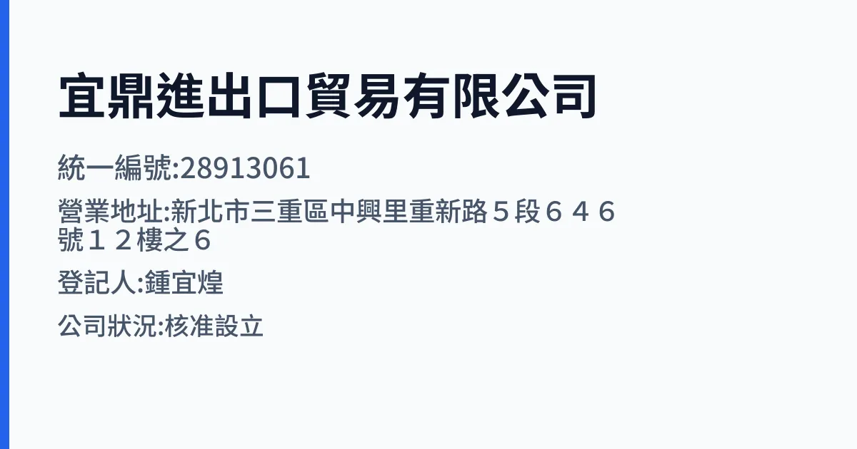宜鼎進出口貿易有限公司 - 統編 28913061(新北市) 公司登記資料與營業項目詳細圖表