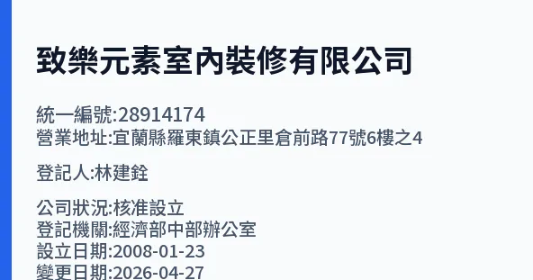 致樂元素室內裝修有限公司的照片-統編 28914174(宜蘭縣) 公司登記資料與營業項目詳細圖表