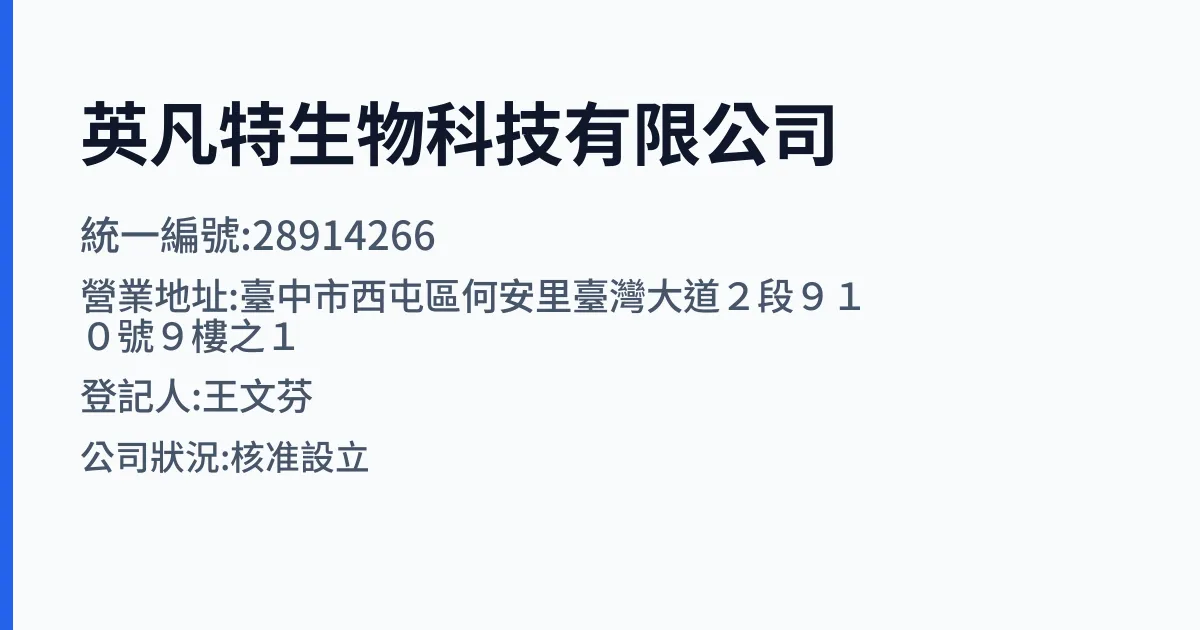 英凡特生物科技有限公司 - 統編 28914266(臺中市) 公司登記資料與營業項目詳細圖表