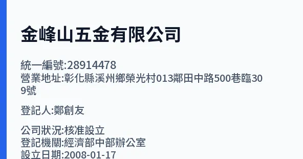 金峰山五金有限公司的照片-統編 28914478(彰化縣) 公司登記資料與營業項目詳細圖表