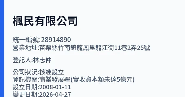 楓民有限公司的照片-統編 28914890(苗栗縣) 公司登記資料與營業項目詳細圖表
