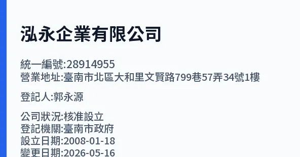 泓永企業有限公司的照片-統編 28914955(臺南市) 公司登記資料與營業項目詳細圖表