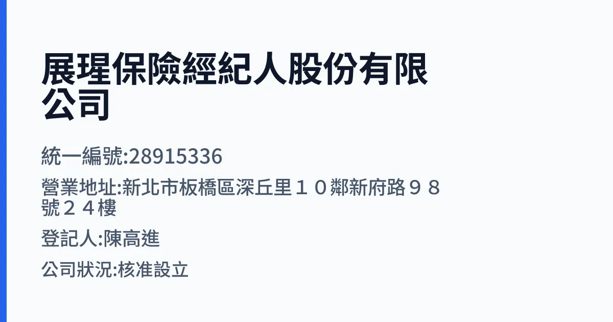 展瑆保險經紀人股份有限公司 - 統編 28915336(新北市) 公司登記資料與營業項目詳細圖表