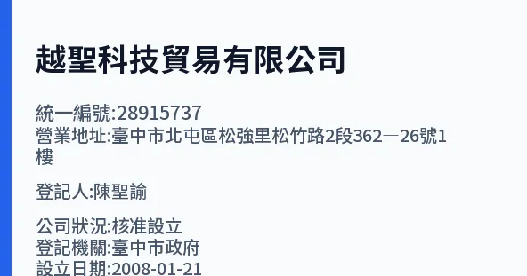 越聖科技貿易有限公司的照片-統編 28915737(臺中市) 公司登記資料與營業項目詳細圖表