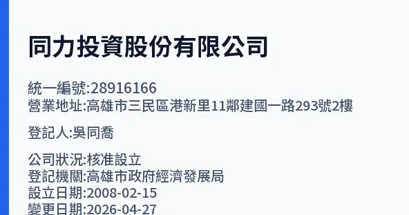 同力投資股份有限公司的照片-統編 28916166(高雄市) 公司登記資料與營業項目詳細圖表