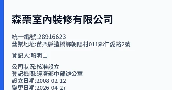 森栗室內裝修有限公司的照片-統編 28916623(苗栗縣) 公司登記資料與營業項目詳細圖表
