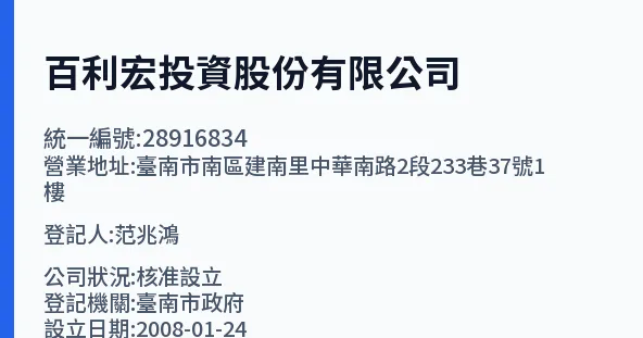 百利宏投資股份有限公司的照片-統編 28916834(臺南市) 公司登記資料與營業項目詳細圖表