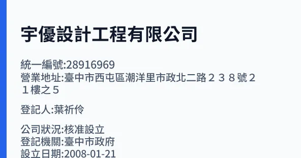 宇優設計工程有限公司的照片-統編 28916969(臺中市) 公司登記資料與營業項目詳細圖表