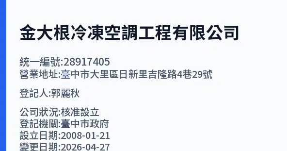 金大根冷凍空調工程有限公司的照片-統編 28917405(臺中市) 公司登記資料與營業項目詳細圖表
