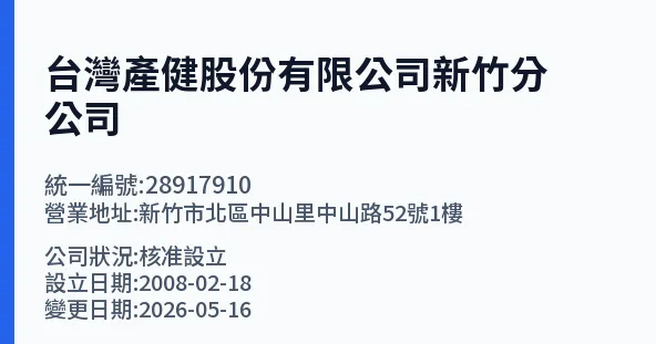 台灣產健股份有限公司新竹分公司的照片-統編 28917910(新竹市) 公司登記資料與營業項目詳細圖表