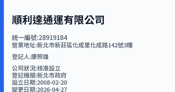 順利達通運有限公司的照片-統編 28919184(新北市) 公司登記資料與營業項目詳細圖表