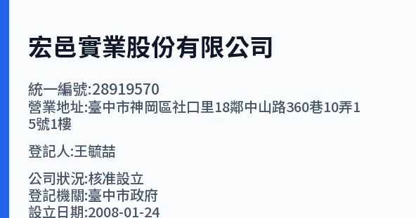 宏邑實業股份有限公司的照片-統編 28919570(臺中市) 公司登記資料與營業項目詳細圖表