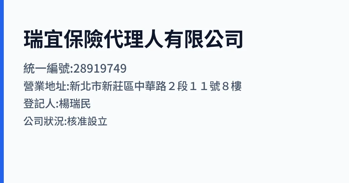 瑞宜保險代理人有限公司 - 統編 28919749(臺北市) 公司登記資料與營業項目詳細圖表
