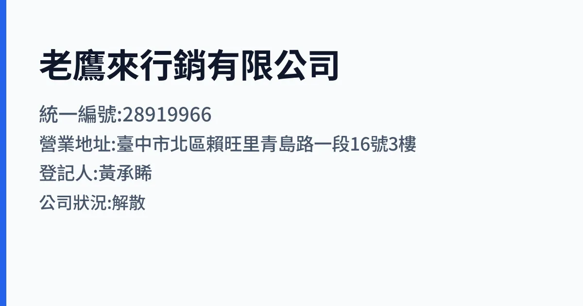 老鷹來行銷有限公司 - 統編 28919966(臺中市) 公司登記資料與營業項目詳細圖表