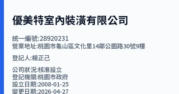 優美特室內裝潢有限公司的照片-統編 28920231(桃園市) 公司登記資料與營業項目詳細圖表