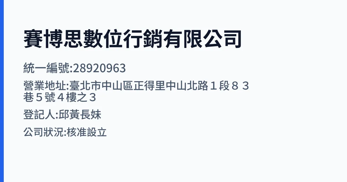 賽博思數位行銷有限公司 - 統編 28920963(臺北市) 公司登記資料與營業項目詳細圖表
