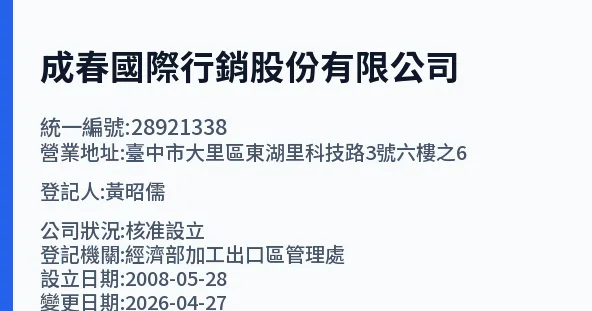 成春國際行銷股份有限公司的照片-統編 28921338(臺中市) 公司登記資料與營業項目詳細圖表