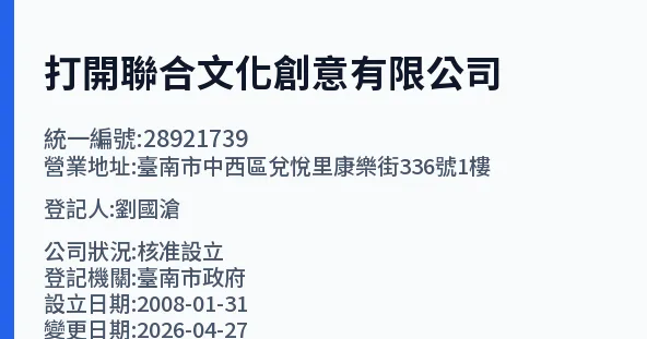 打開聯合文化創意有限公司的照片-統編 28921739(臺南市) 公司登記資料與營業項目詳細圖表