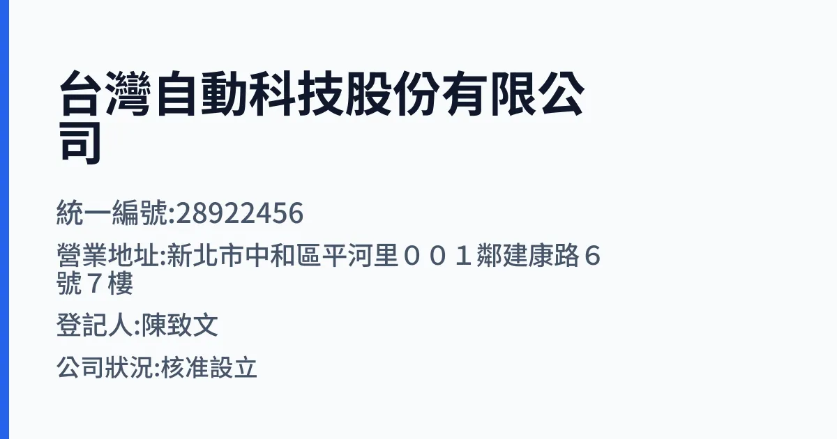 台灣自動科技股份有限公司 - 統編 28922456(新北市) 公司登記資料與營業項目詳細圖表
