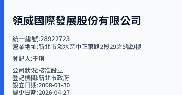領威國際發展股份有限公司的照片-統編 28922723(新北市) 公司登記資料與營業項目詳細圖表