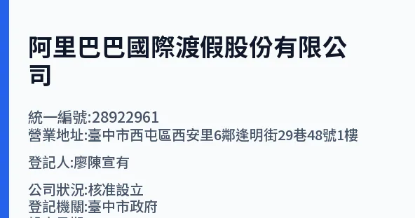 阿里巴巴國際渡假股份有限公司的照片-統編 28922961(臺中市) 公司登記資料與營業項目詳細圖表