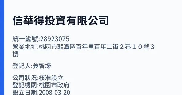 信華得投資有限公司的照片-統編 28923075(桃園市) 公司登記資料與營業項目詳細圖表