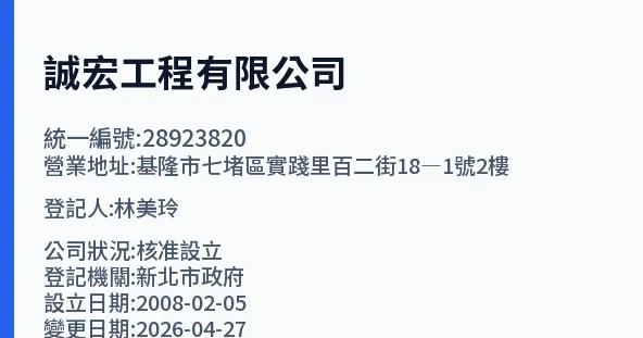 誠宏工程有限公司的照片-統編 28923820(基隆市) 公司登記資料與營業項目詳細圖表
