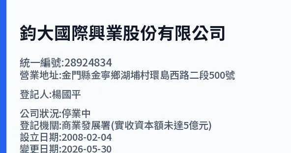 鈞大國際興業股份有限公司的照片-統編 28924834(金門縣) 公司登記資料與營業項目詳細圖表