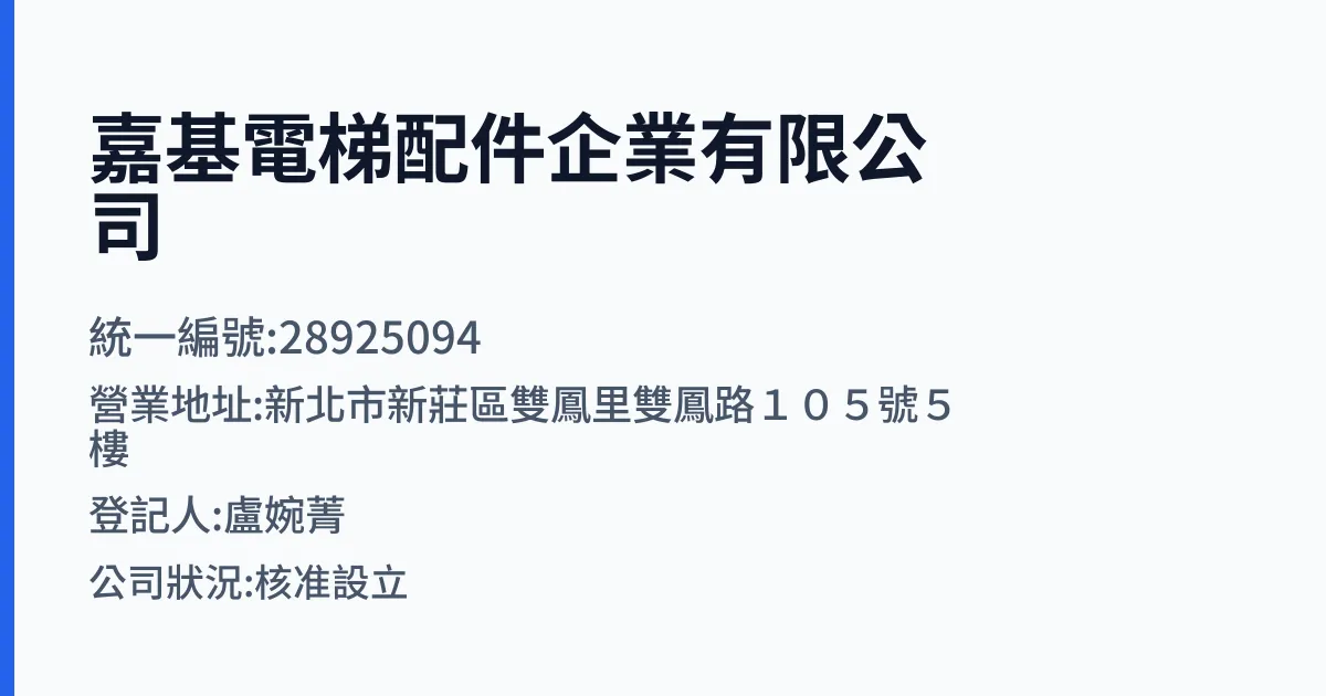 嘉基電梯配件企業有限公司 - 統編 28925094(新北市) 公司登記資料與營業項目詳細圖表