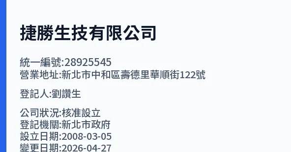 捷勝生技有限公司的照片-統編 28925545(新北市) 公司登記資料與營業項目詳細圖表