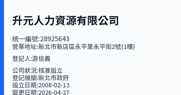 升元人力資源有限公司的照片-統編 28925643(新北市) 公司登記資料與營業項目詳細圖表