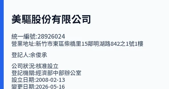 美驅股份有限公司的照片-統編 28926024(新竹市) 公司登記資料與營業項目詳細圖表