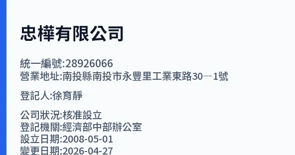 忠樺有限公司的照片-統編 28926066(南投縣) 公司登記資料與營業項目詳細圖表
