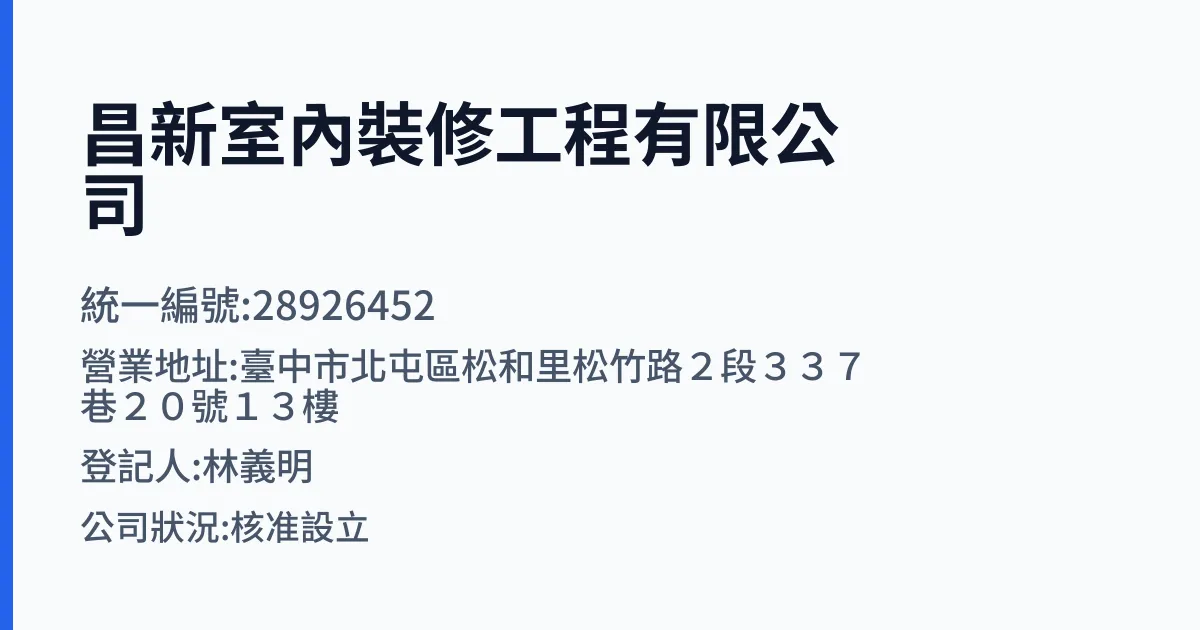 昌新室內裝修工程有限公司 - 統編 28926452(臺中市) 公司登記資料與營業項目詳細圖表