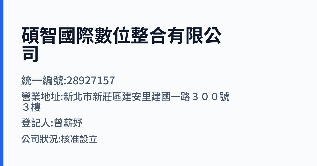 碩智國際數位整合有限公司 - 統編 28927157(新北市) 公司登記資料與營業項目詳細圖表