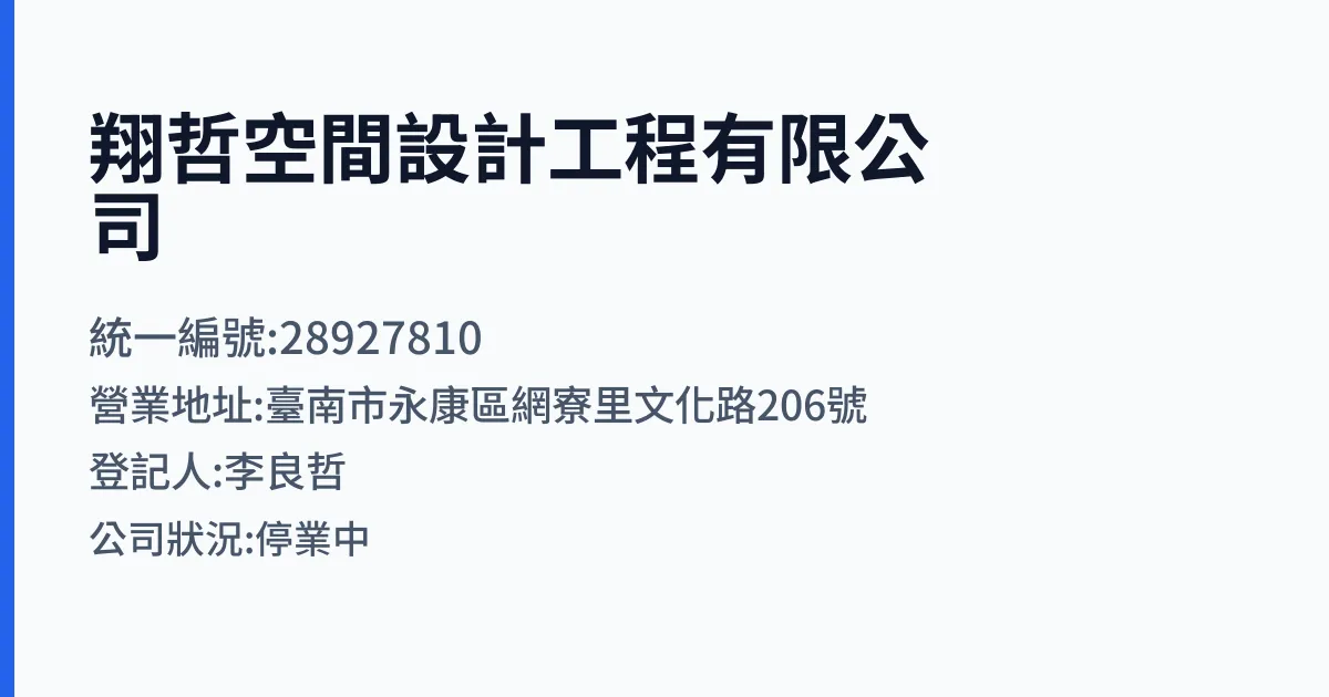 翔哲空間設計工程有限公司 - 統編 28927810(臺南市) 公司登記資料與營業項目詳細圖表