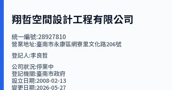 翔哲空間設計工程有限公司的照片-統編 28927810(臺南市) 公司登記資料與營業項目詳細圖表