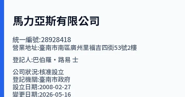 馬力亞斯有限公司的照片-統編 28928418(臺南市) 公司登記資料與營業項目詳細圖表