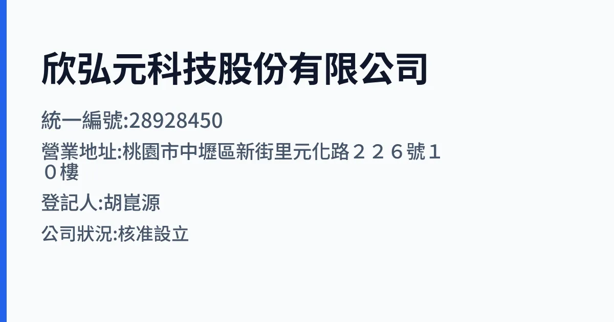 欣弘元科技股份有限公司 - 統編 28928450(桃園市) 公司登記資料與營業項目詳細圖表