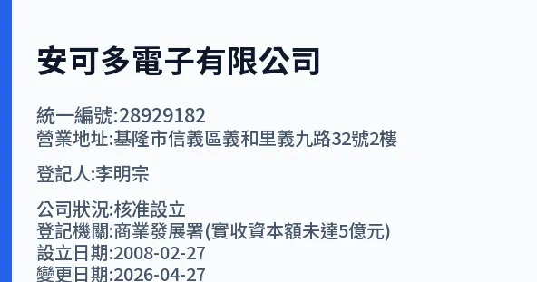 安可多電子有限公司的照片-統編 28929182(基隆市) 公司登記資料與營業項目詳細圖表