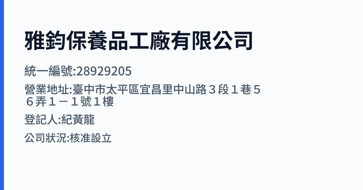 雅鈞保養品工廠有限公司 - 統編 28929205(臺中市) 公司登記資料與營業項目詳細圖表