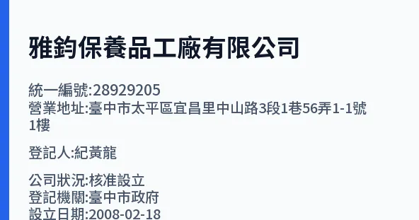 雅鈞保養品工廠有限公司的照片-統編 28929205(臺中市) 公司登記資料與營業項目詳細圖表
