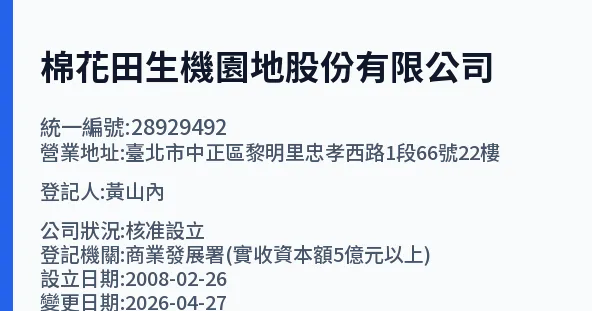 棉花田生機園地股份有限公司的照片-統編 28929492(臺北市) 公司登記資料與營業項目詳細圖表